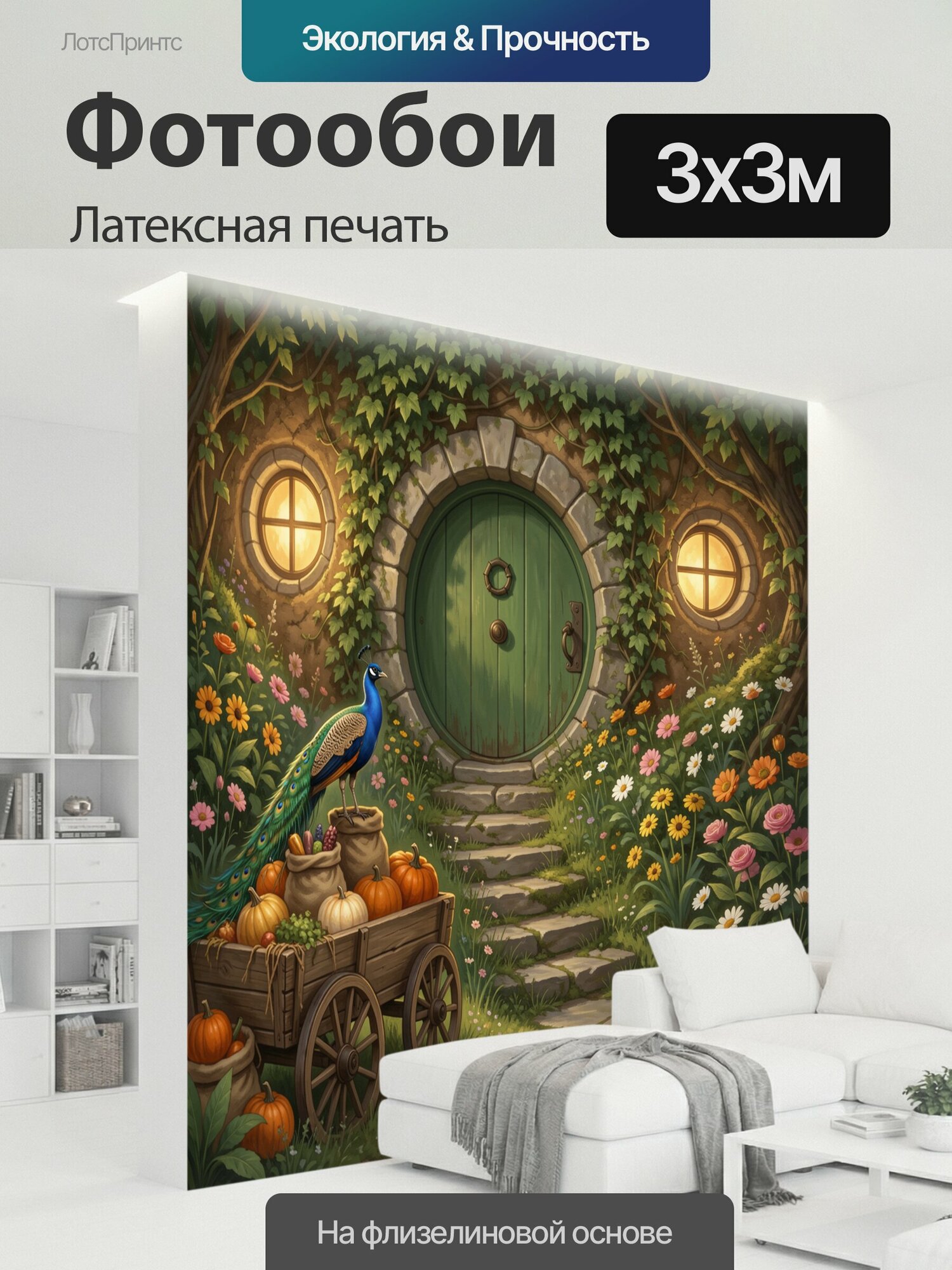 Фотообои моющиеся ударопрочные "Сказочный домик в цветущем саду. Уютный круглый вход в сказочный дом, окруженный зеленью, вьюном и яркими полевыми." 300x300 см. латексная печать