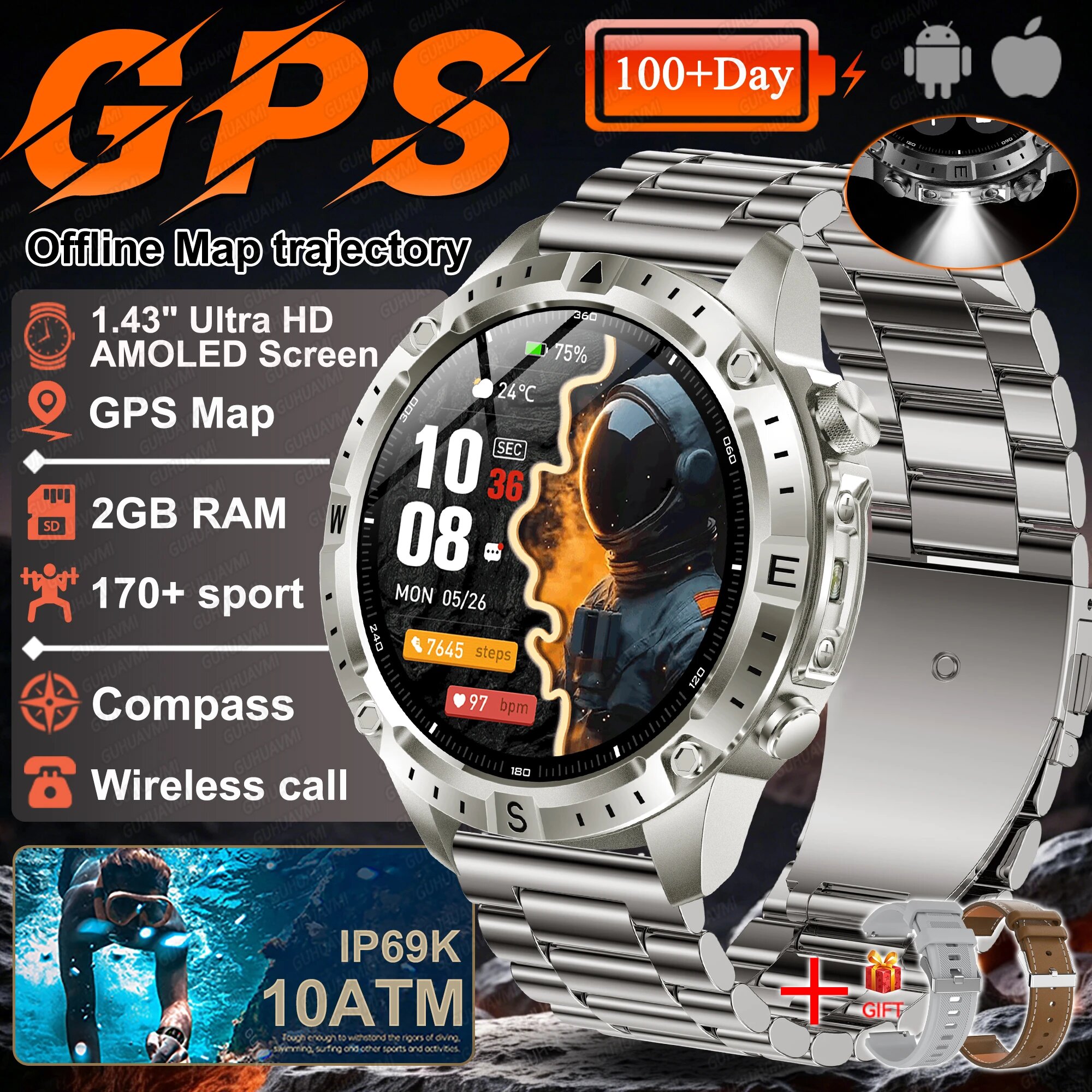Смарт-часы GPS с офлайн-картами, Silver Steel 2A