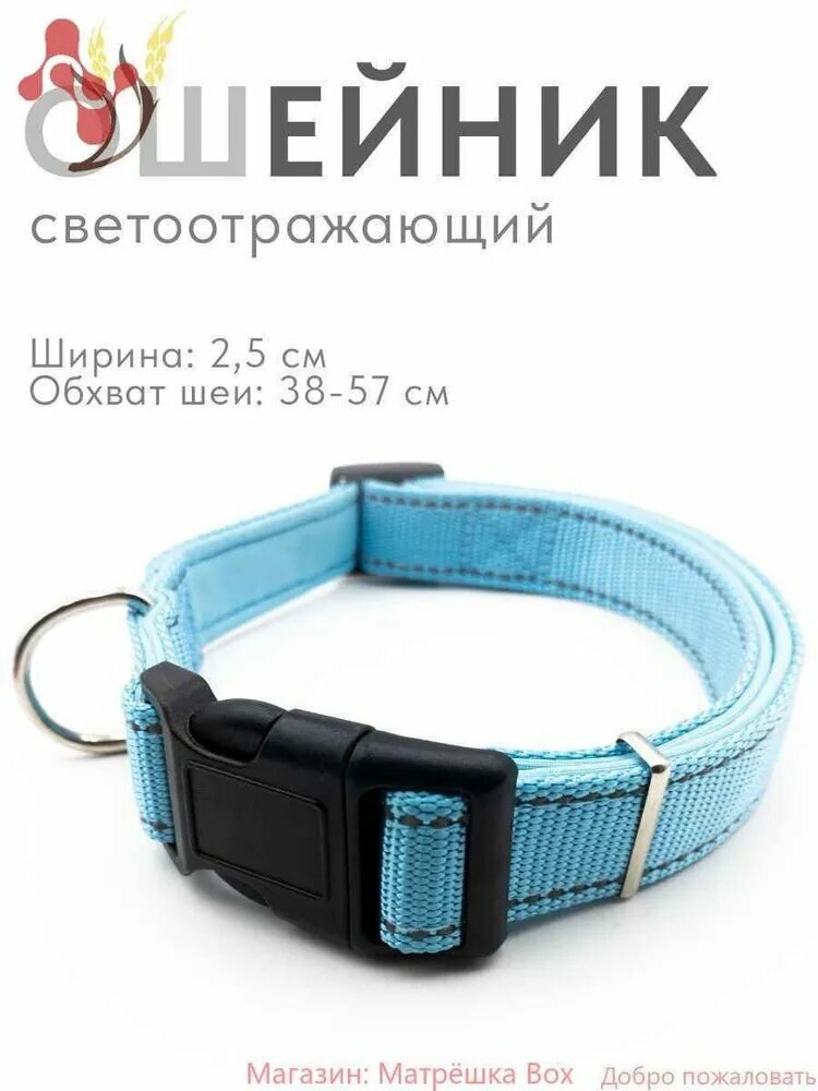 Ошейник светоотражающий для собак нейлоновый с застежкой "Фастекс" и мягкой подкладкой, для средних и крупных пород