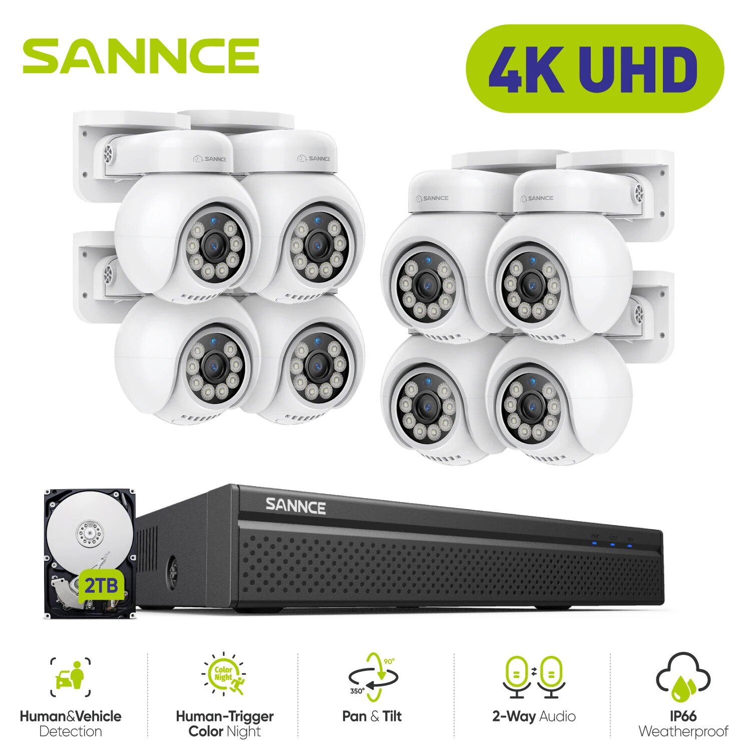Система видеонаблюдения SANNCE с 8 каналами и 4K PoE PT, 4 камеры IP с панорамированием и наклоном, интеллектуальная детекция людей/транспорта, двухсторонний аудио, набор для видеонаблюдения