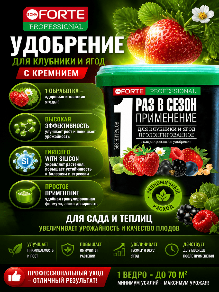 Удобрение BONA FORTE д/клубники и ягод с кремнием, ведро (Россия) 1л