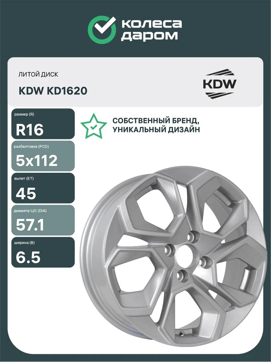 Диски автомобильные KDW KD1620 R16x6.5 5x112 ET45 CB57.1 Light_Silver_Painted