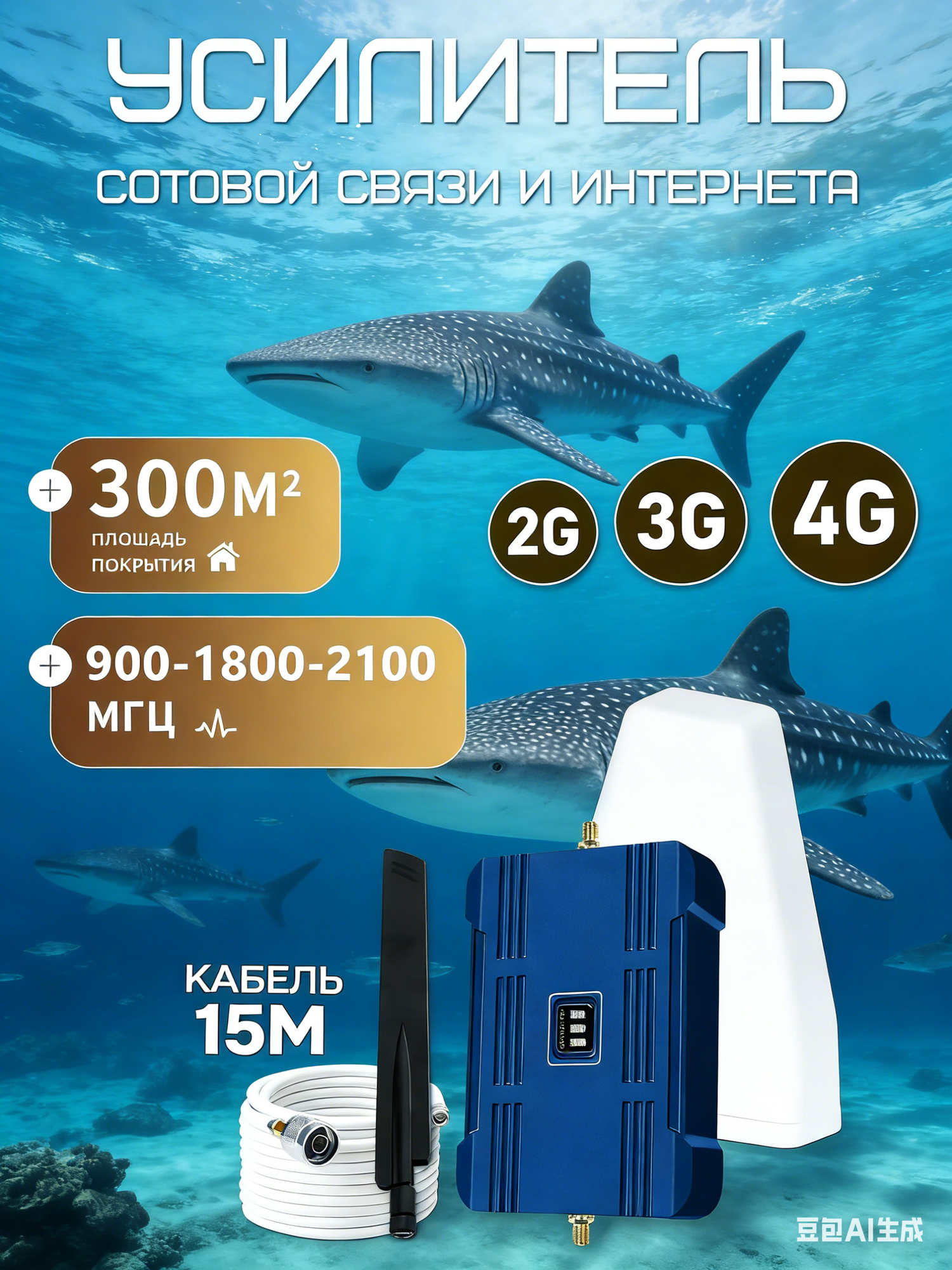 Усилитель сотовой связи 900/1800/2100 МГц (2G/3G/4G): до 70 км, направленный, синий, 1.3 кг