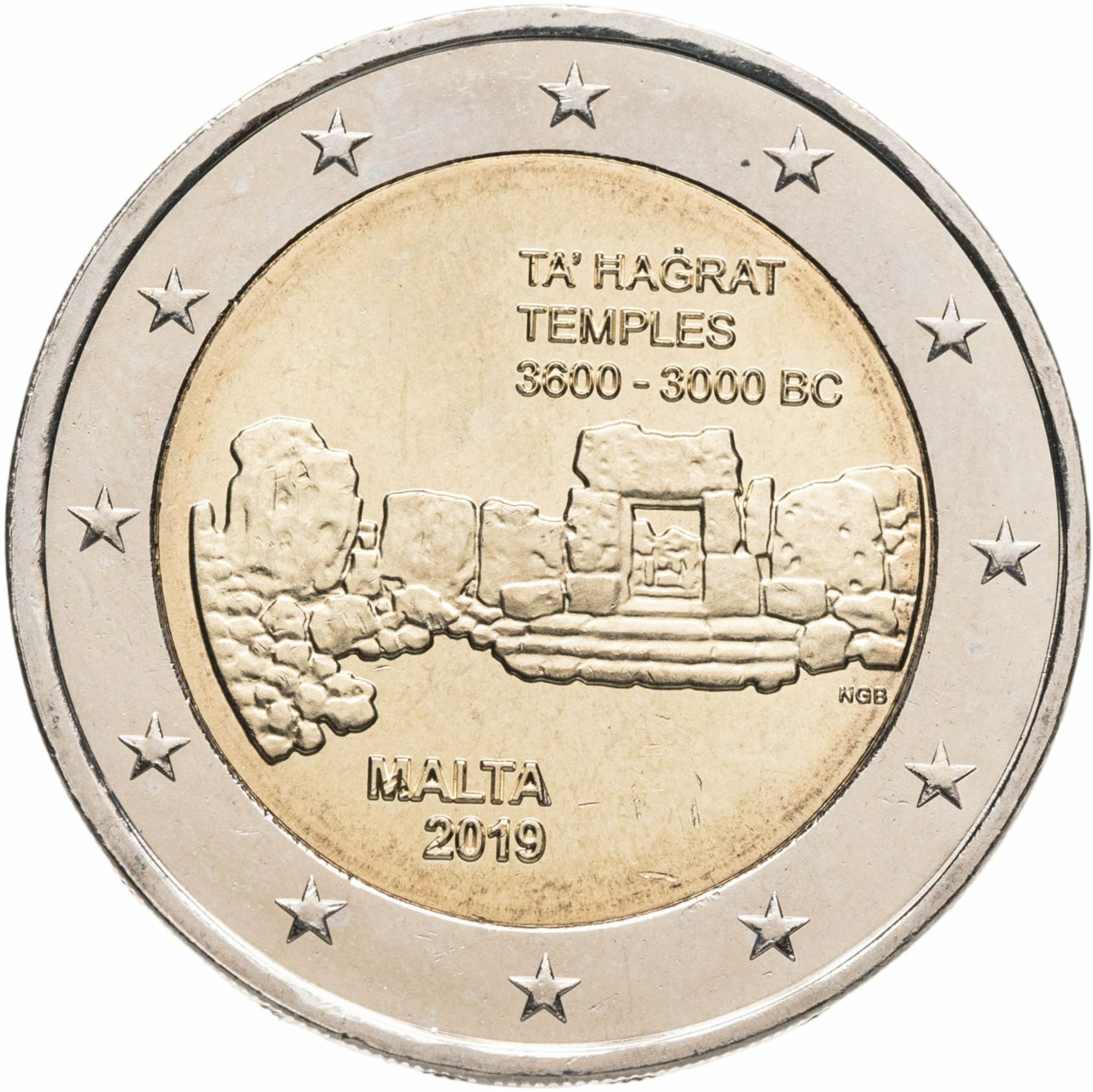 Мальта 2 евро 2019 "Доисторические места Мальты - Храм Та' Хаджрат", Биметалл, в сохранности UNC