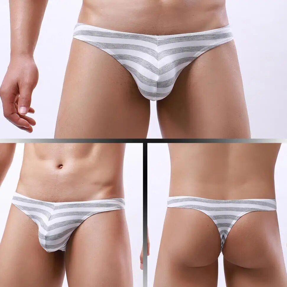 Мужские стринги QWQINGWU хлопковые полосатые Белый, L, Gray