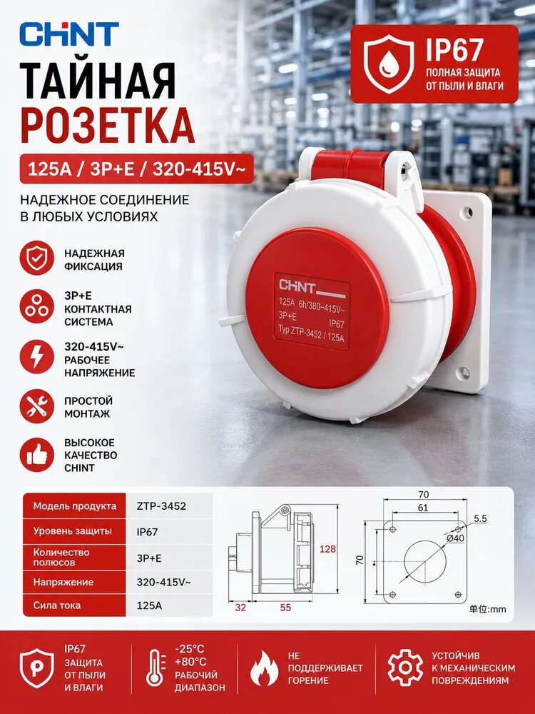 CHINT ZTP Розетка силовая 125А 415В 3Р+Е+N IP67 панельная скрытая с крышкой