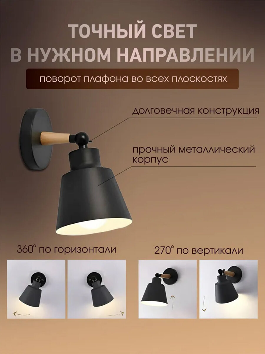 Бра настенный светильник, цоколь Е27, черный，бра на стену с проводом и вилкой