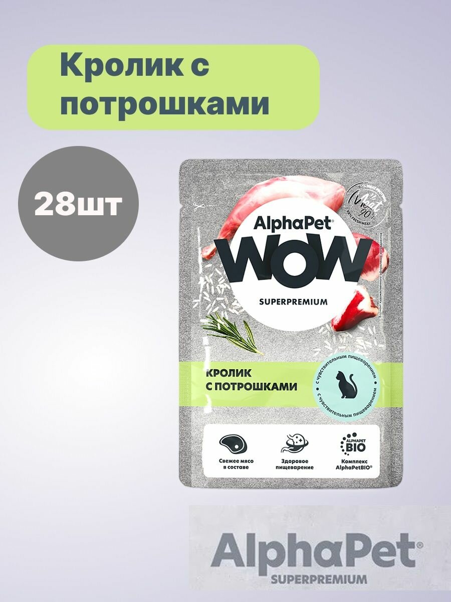 AlphaPet WOW паучи для кошек с чувствительным пищеварением ломтики в соусе Кролик с потрошками 85г (28 штук)