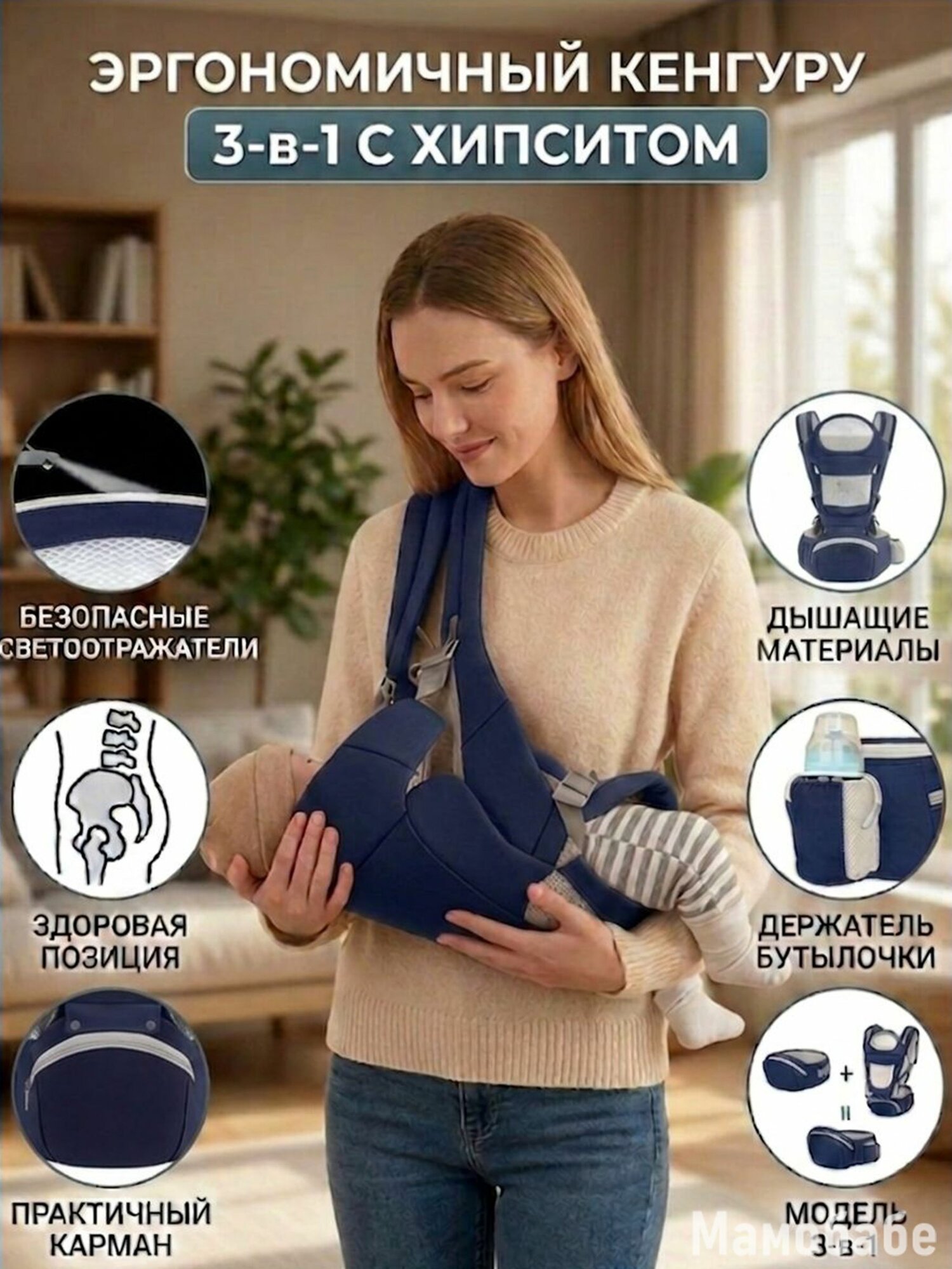 Эргорюкзак-хипсит для малышей 3 в 1, кенгуру переноска с М-позицией от 0 месяцев, темно-синий