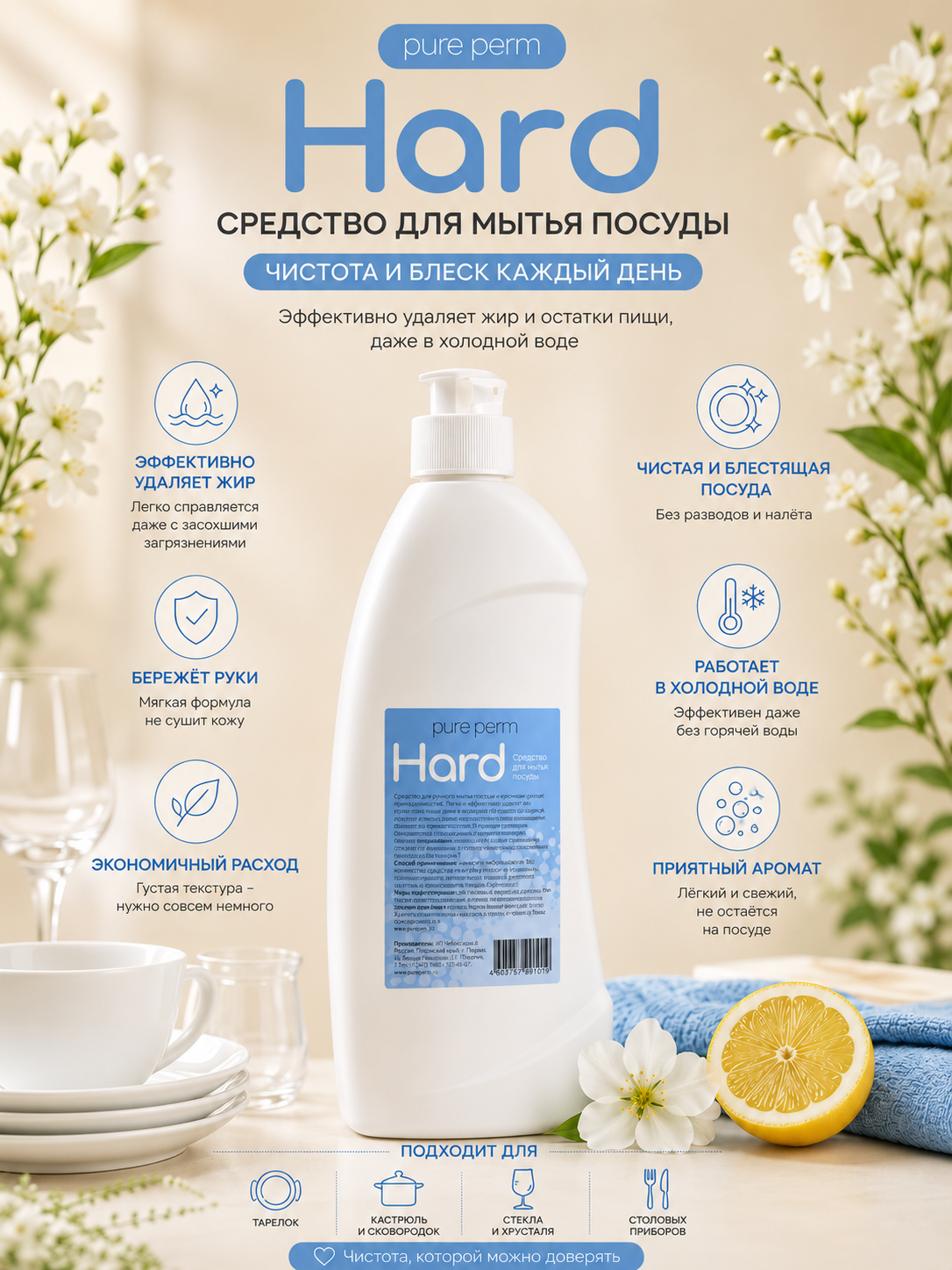 Средство для мытья посуды HARD Pure Perm, 500 мл