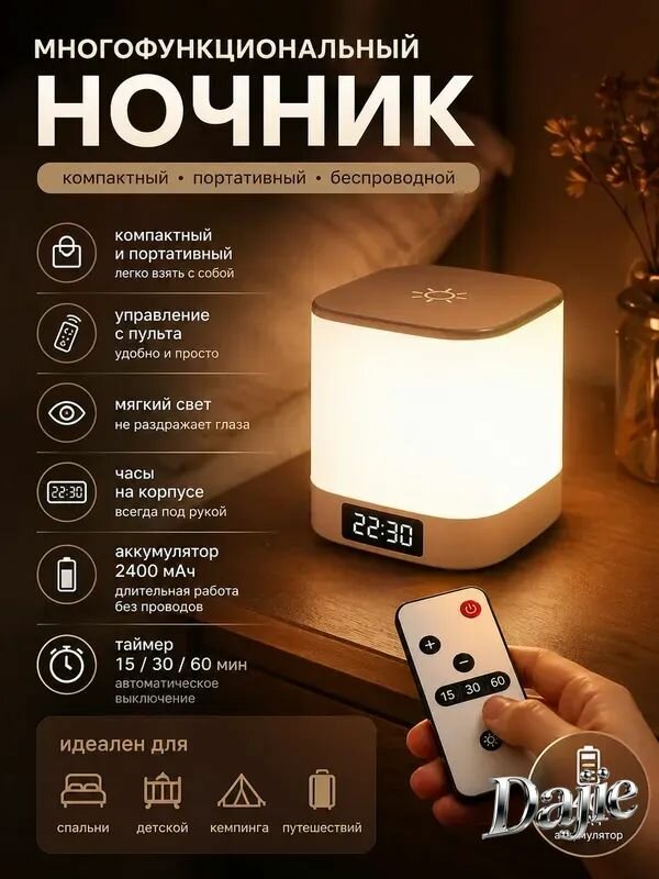 Ночник LED с пультом и таймером, портативная лампа с часами, светильник для растений, мягкий свет для спальни, детской и кемпинга