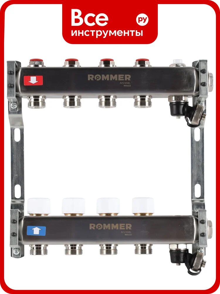 Коллектор ROMMER Rms-3201-000004, нержавеющая сталь, 4 отвода, 8 присоединений