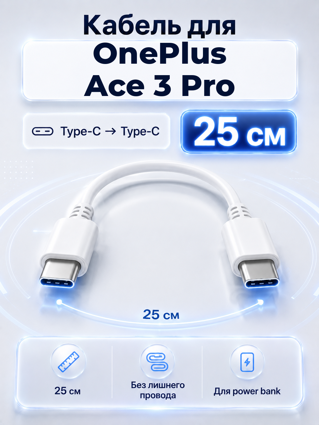 Короткий кабель для OnePlus Ace 3 Pro Type-C на Type-C, 25 см
