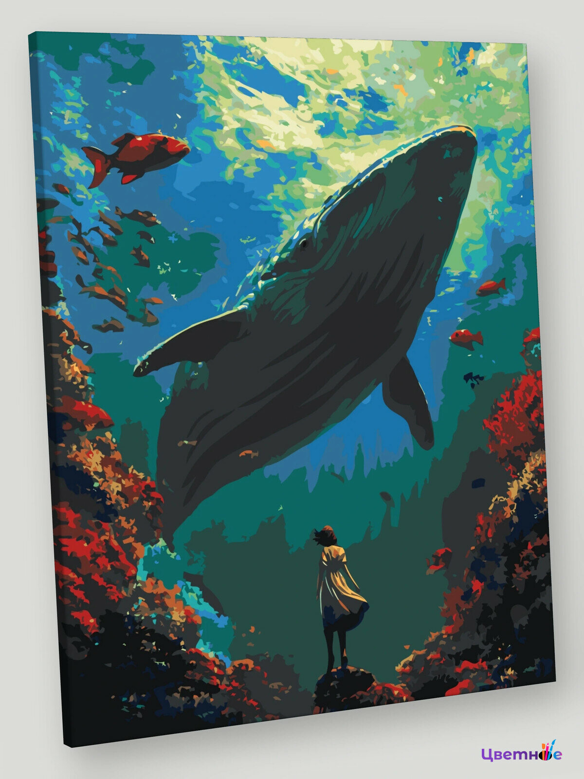 Картина по номерам на холсте с подрамником 40x50 "Животные кит рыбы и девушка в море" Фэнтези