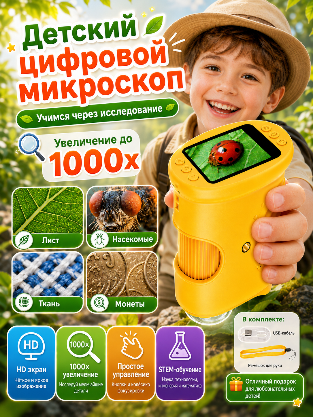 Этот портативный цифровой микроскоп для детей имеет 1000-кратное увеличение, разрешение 4K и 2,0-дюймовый IPS-экран.