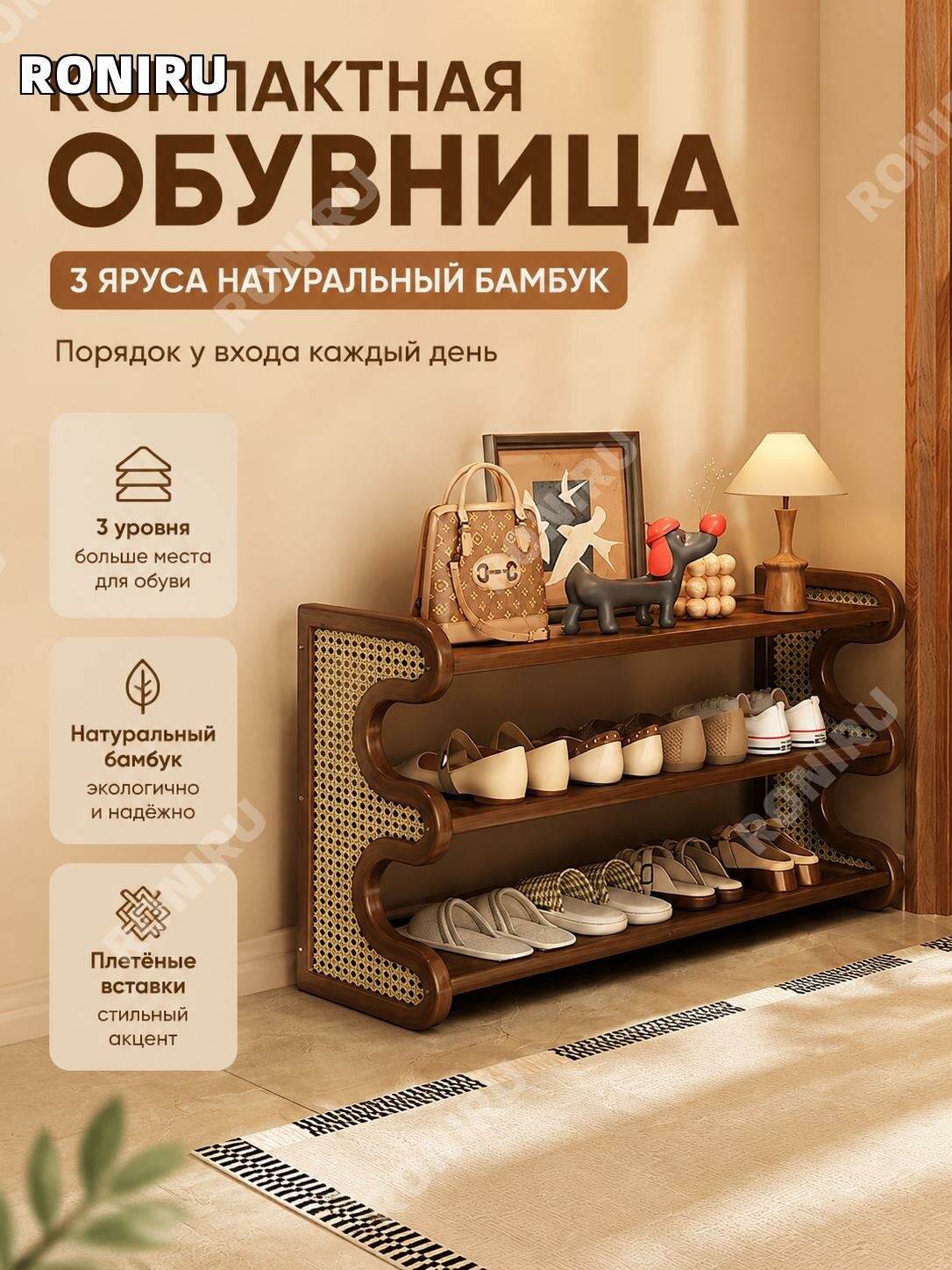 Обувница3-ярусная80 см для прихожей, бамбук и МДФ, цвет орех