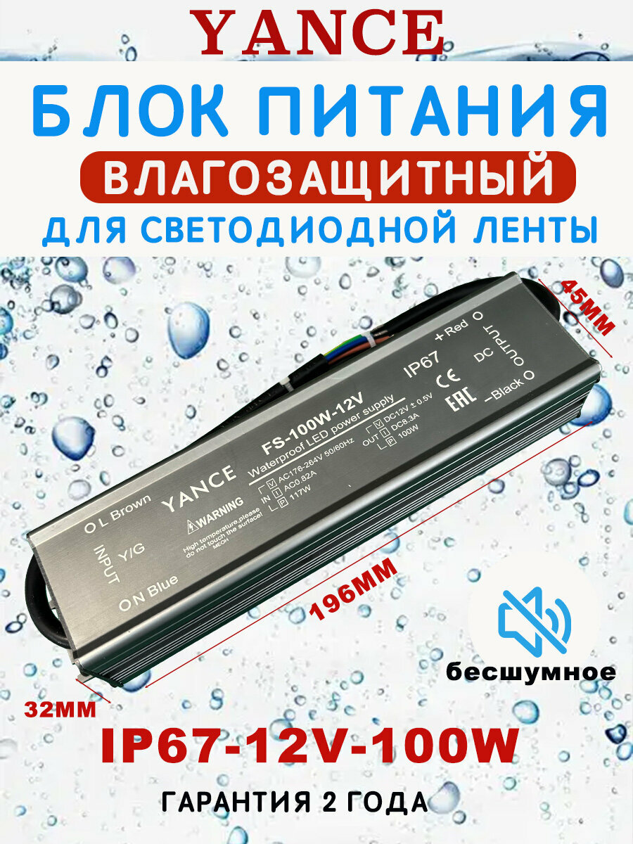 Баня Блок питания для светодиодной ленты, влагостойкий 12В, 100 Вт, IP67