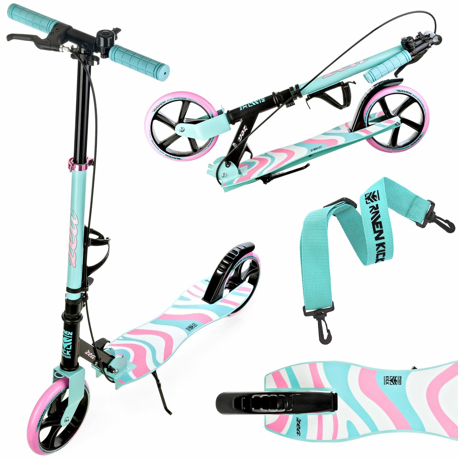 DECATHLON самокат raven zea, черный/розовый/зеленый, 200 мм, складной, с тормозом, звонком и держателем для бутылки