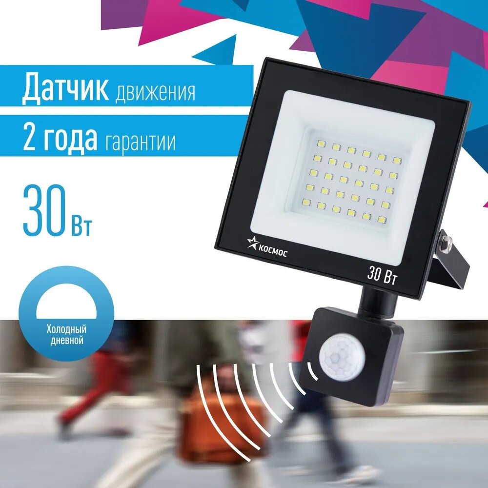 Прожектор светодиодный уличный 30 Вт с датчиком движения, 6500К, IP66