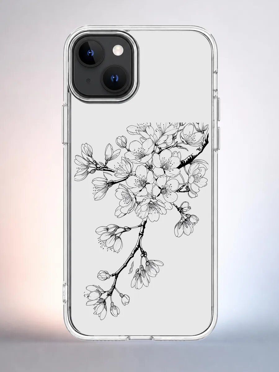 Чехол iPhone 13 сакура ветка лайнарт силиконовый прозрачный