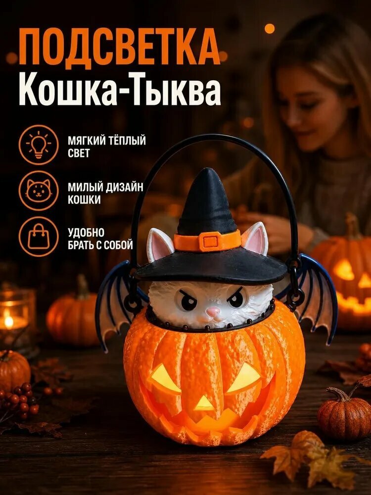 Светильник "Кот-Тыква", биопластик, 3D, портативный, универсальный, для Хэллоуина