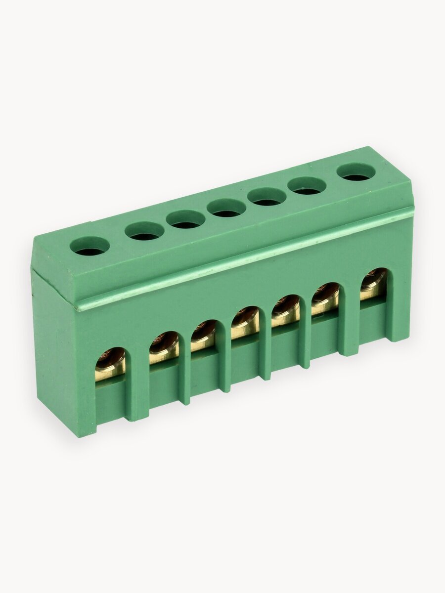 Шина PE земля в корпусном зеленом изоляторе на DIN-рейку 6x9 мм 7 групп REXANT