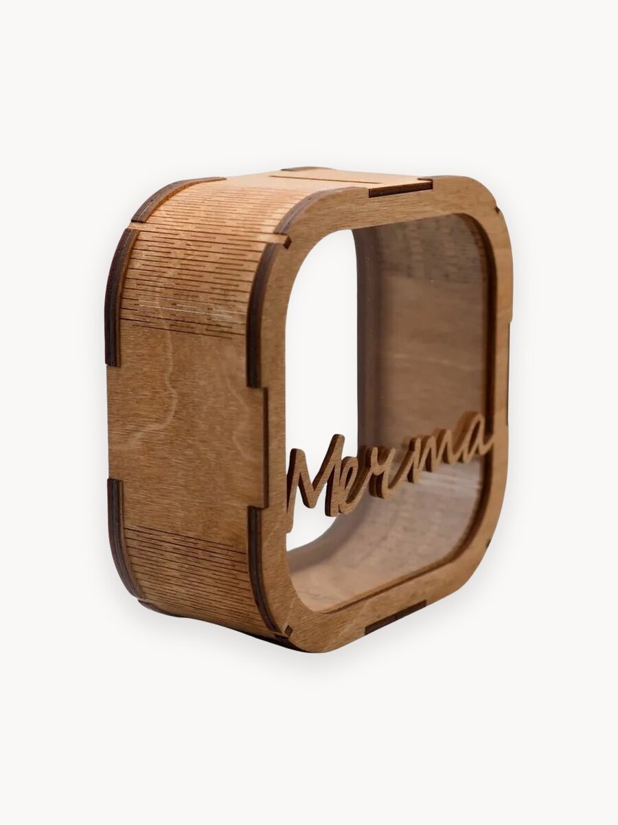 Копилка прозрачная "Мечта", деревянная копилка 16x16x6 см, не открывается, коричневая