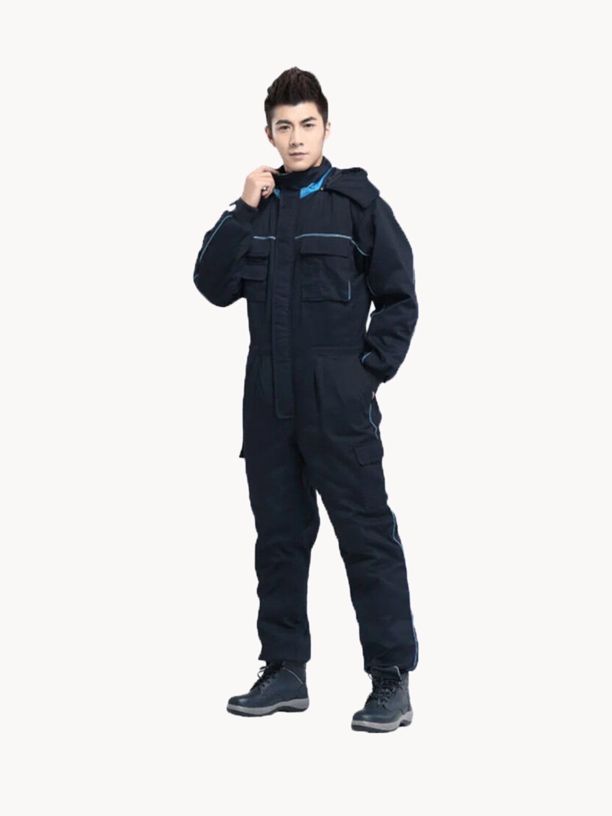 Мужской темно-синий зимний ветрозащитный теплый хлопковый комбинезон со съемным капюшоном, антистатический