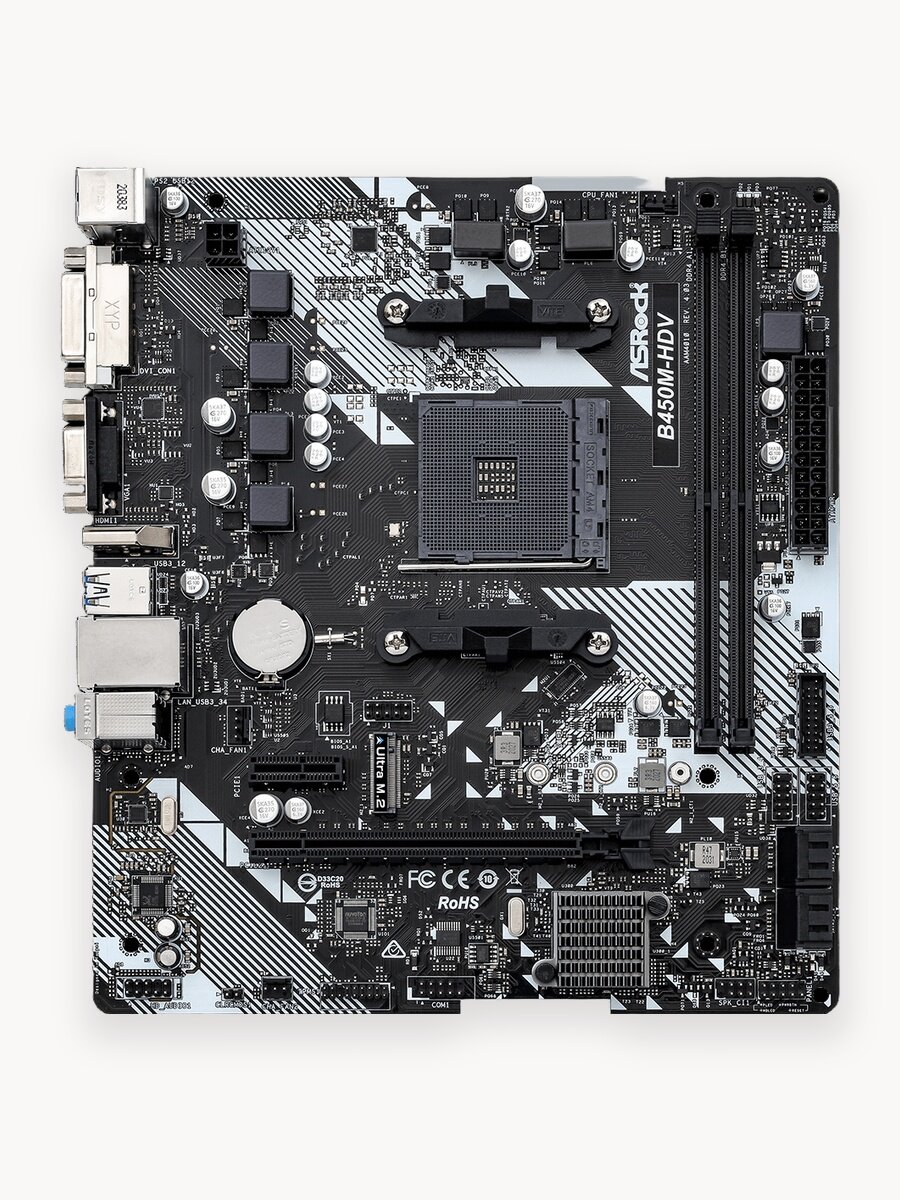 Материнская плата Asrock B450M-HDV R4.0 Soc-AM4 AMD B450 2xDDR4 mATX AC`97 8ch(7.1) GbLAN RAID+VGA+D