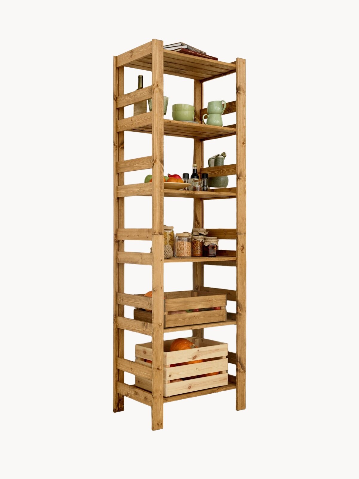 Стеллаж деревянный Bergwolf, напольный, высокий, массив, до 300кг, 210см x 67см x 42см, покрыт премиум маслом, цвет орех