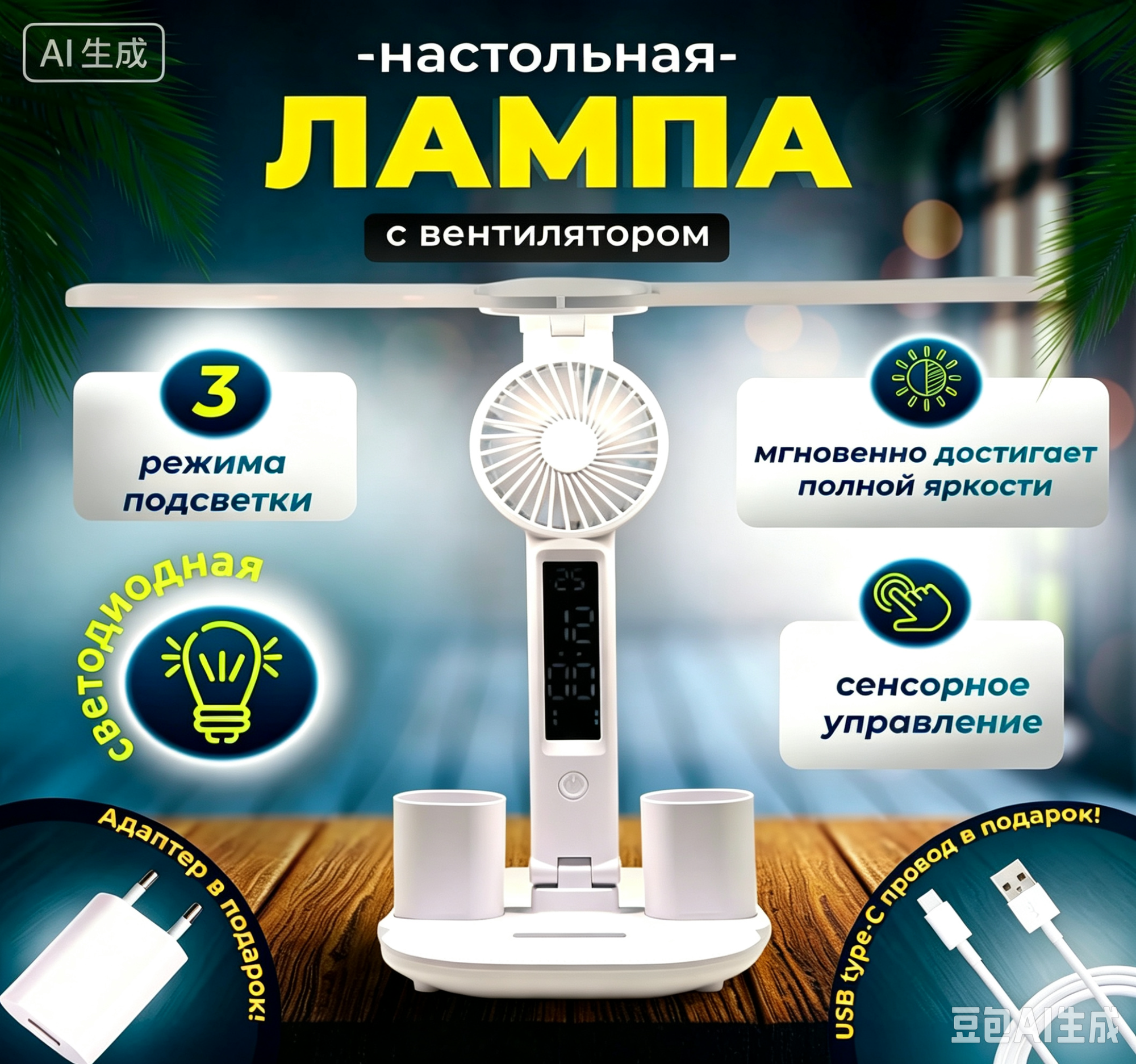 Настольная LED-лампа( светильник ) с часами, сенсорная с вентилятором для школьника, офиса и дома.