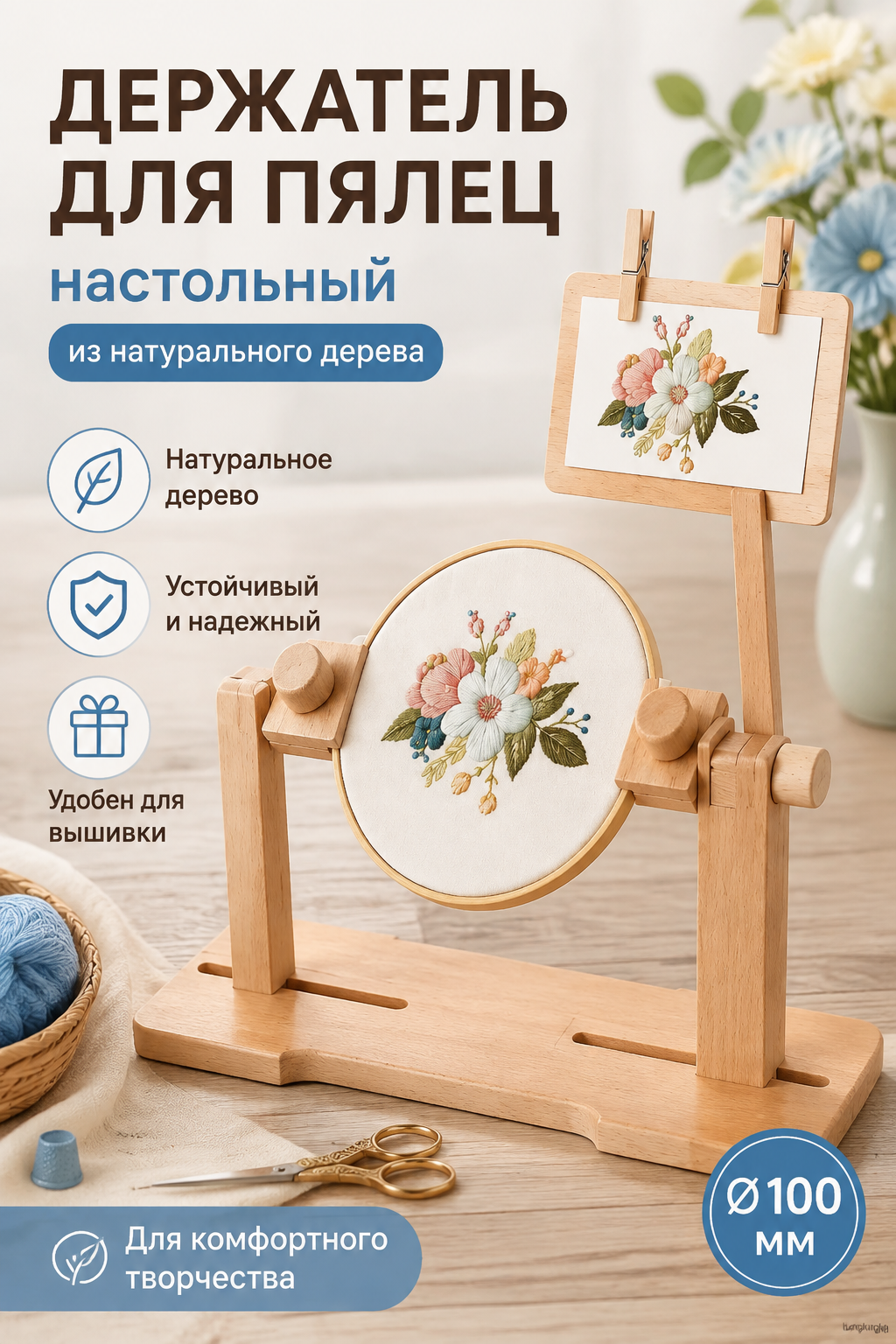 Настольный держатель для пялец голубой из натурального дерева, размер 100 мм, удобная фиксация при вышивании,