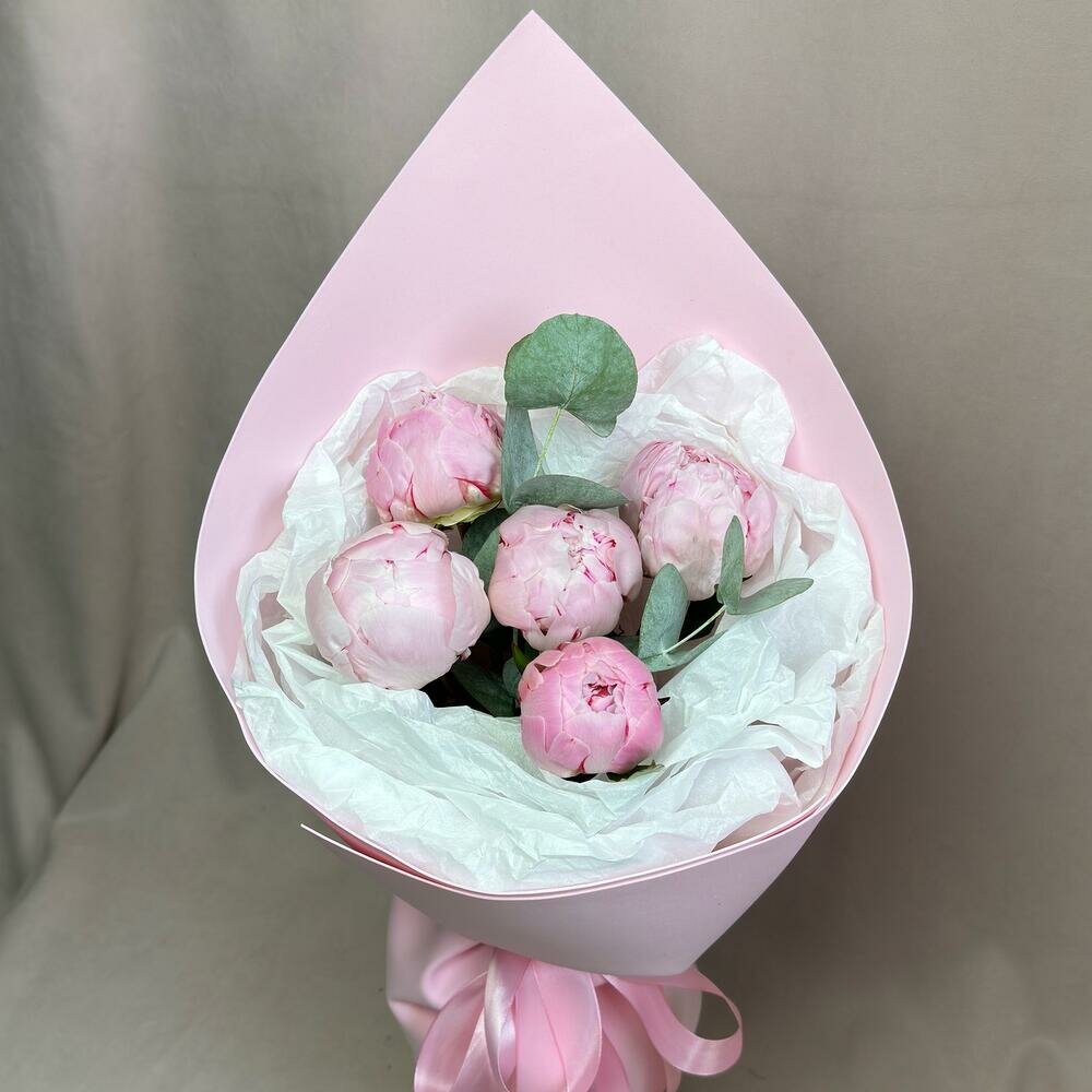 Нежный букет комплимент из 5 пионов Сара Бернар с эвкалиптом