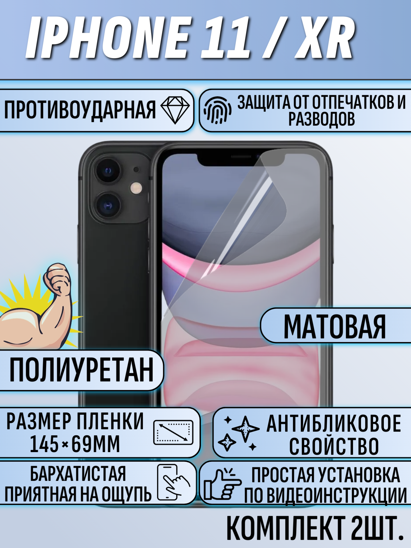 Гидрогелевая защитная пленка для iPhone 11 / XR матовая на весь экран 2 шт