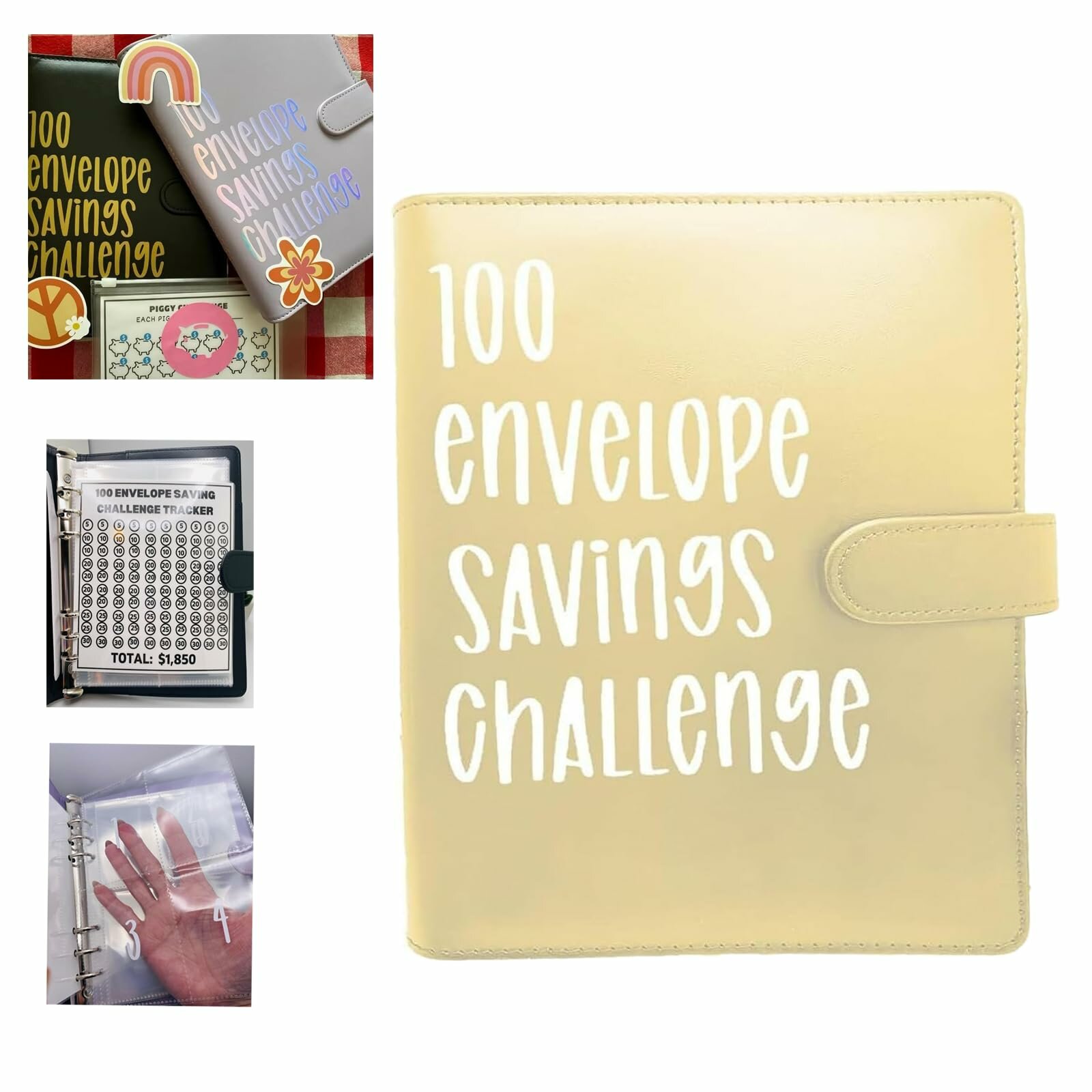 100 Envelope Challenge Binder, A5 size binder 9 inches tall X 7 inches wide, 1 laminated reusable tracker, pouches labeled 1-100, for Budgeting Planner & Saving Money