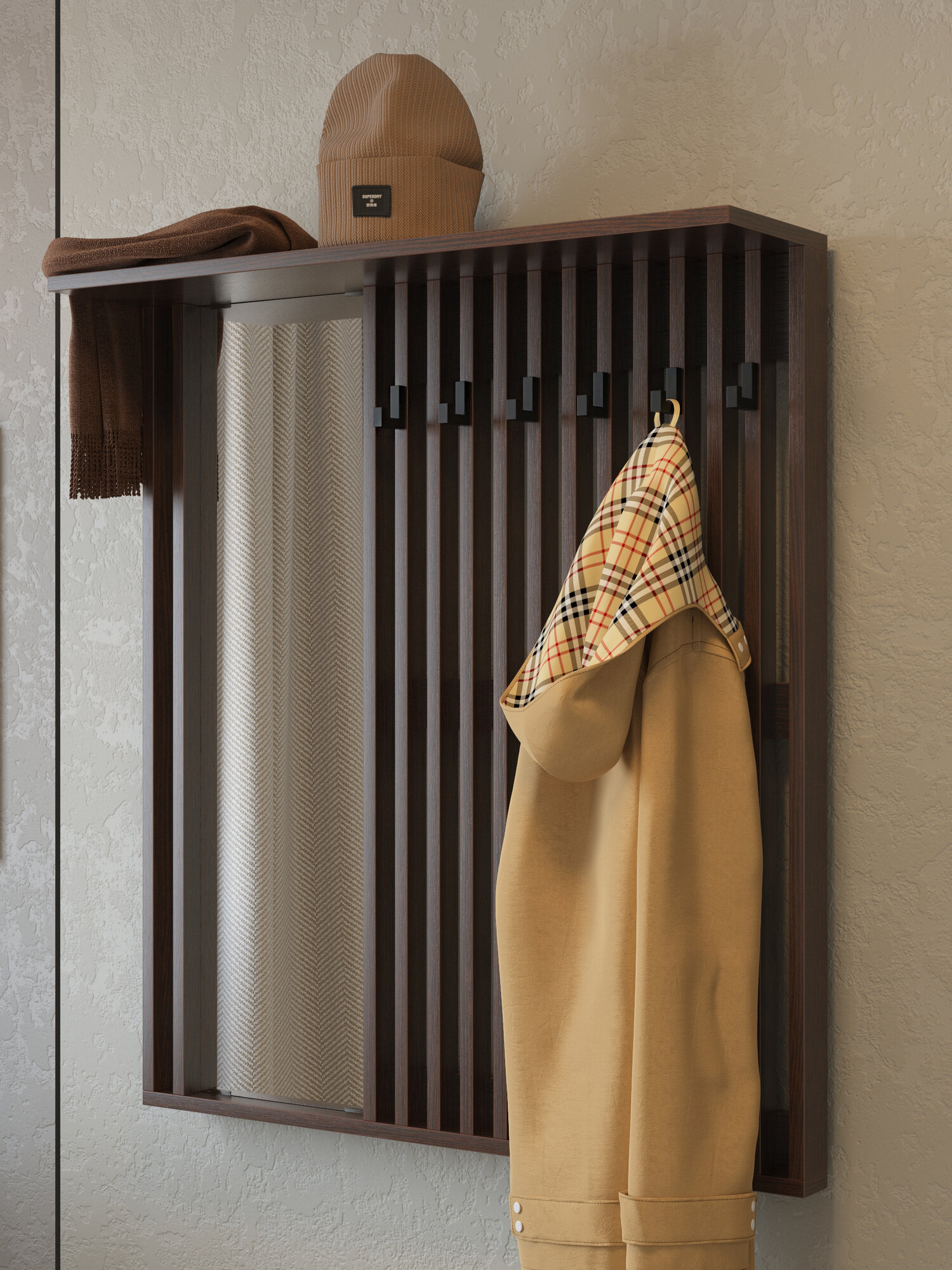 "Стиль Макси 4 Венге" - настенная вешалка для одежды с рейками, зеркалом и полкой венге