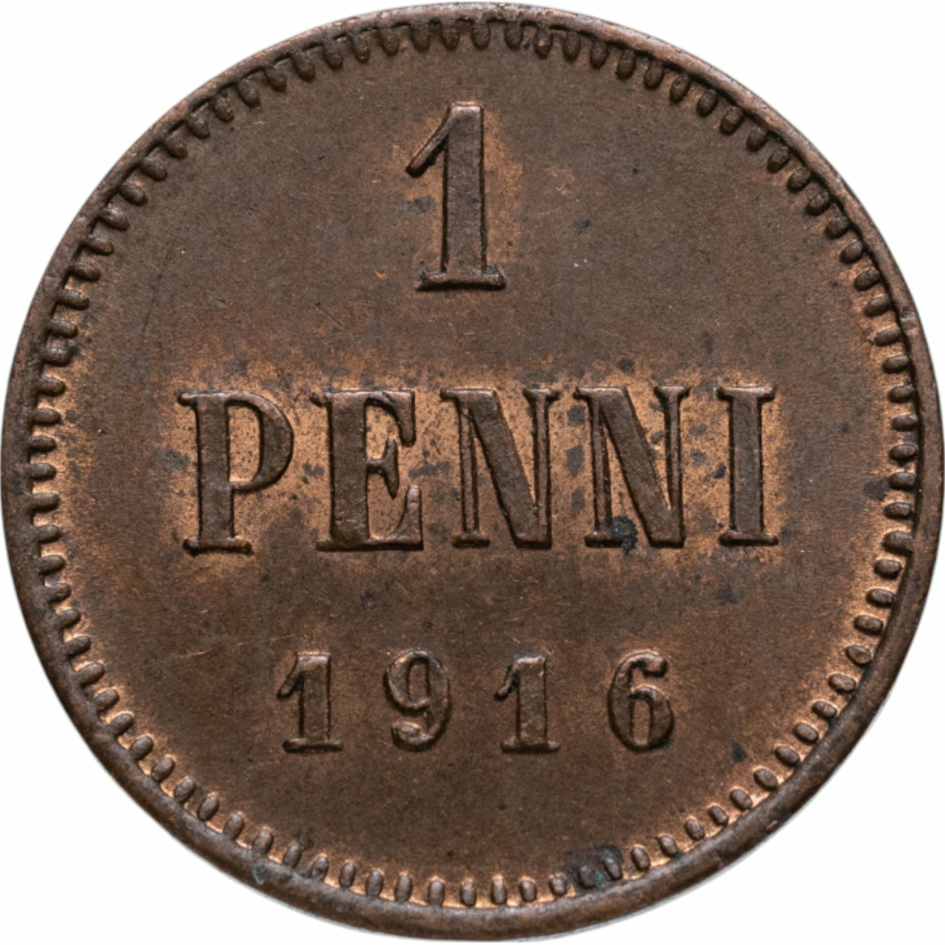 1 пенни penni 1916 Российская Финляндия, Медь, в сохранности UNC