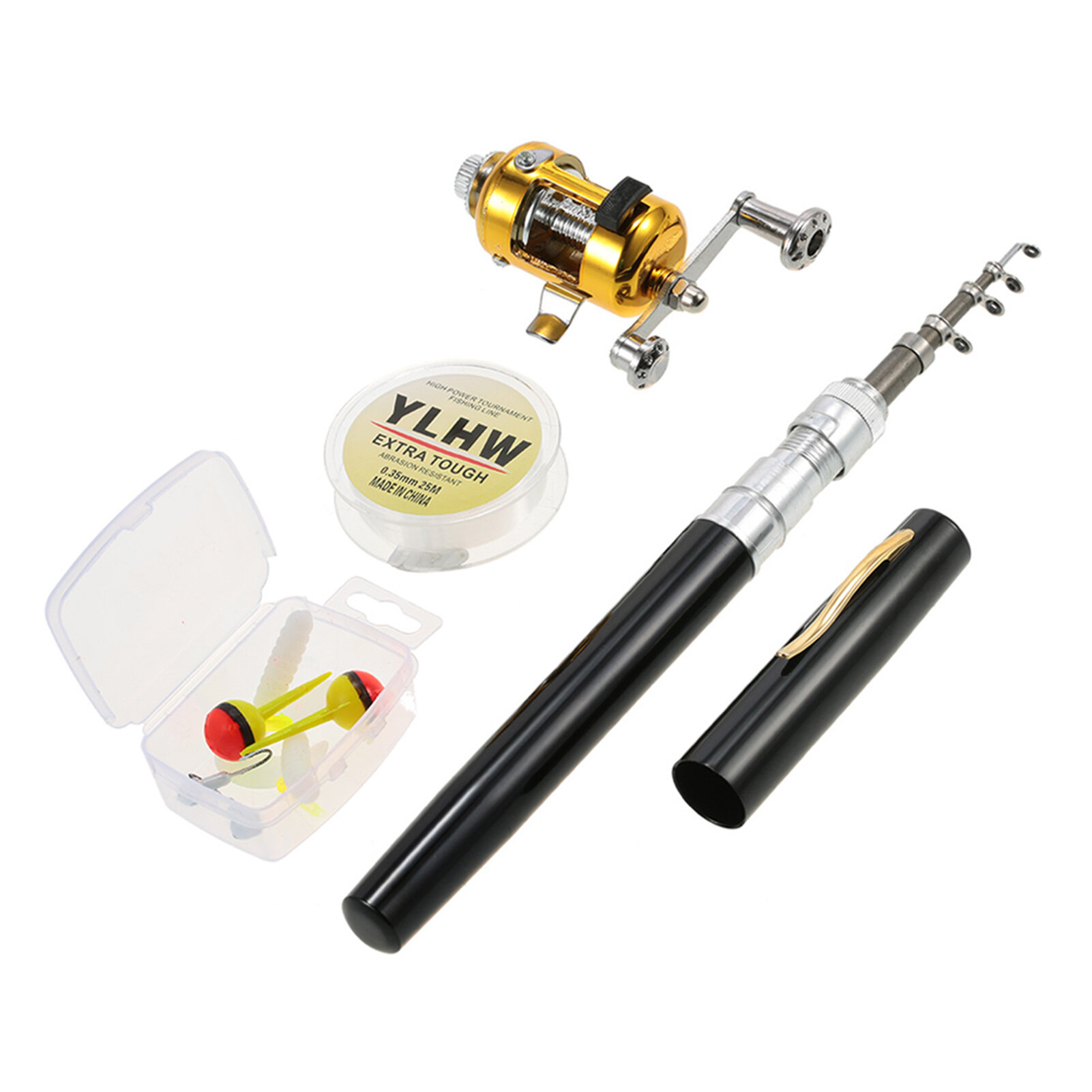 Комплект для рыбалки Fishing Rod Reel Combo Set: мини-телескопическая портативная ручка-удочка, катушка, алюминиевый сплав, леска, мягкие приманки, крючки- jig, цвета: фиолетовый/синий/черный/золотой/серебристый/красный, длина свернутая 20.5см,