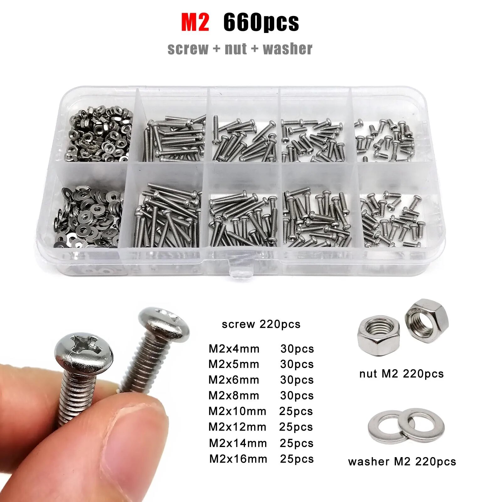 Набор крепежа M2 660pcs: болты, гайки, шайбы