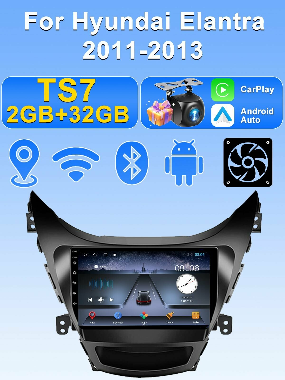 Магнитола для Hyundai Elantra 2011-2013 , Автомагнитола для Хендэ Элантра,2din android 2+32G Мультимедиа Bluetooth FM WIFI Автомобильный