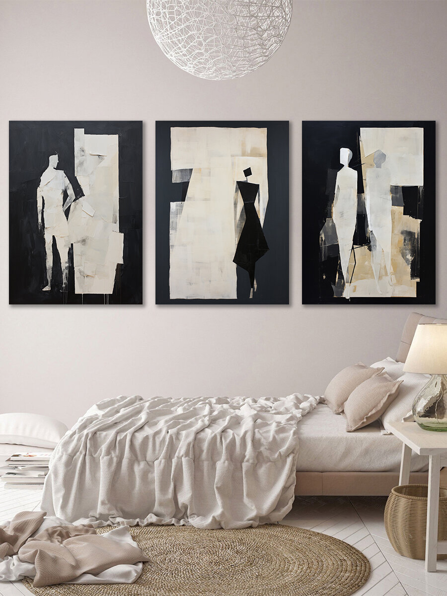 Модульные картины на стену / триптих - "Силуэты людей, абстракция, пара девушка и мужчина", картина 3 шт, модуль 40х90 см