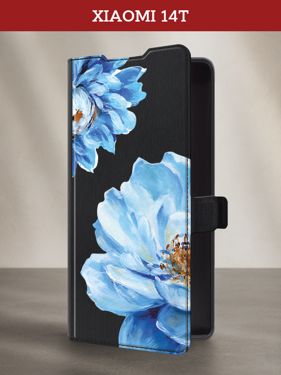 Чехол-книжка на Xiaomi 14T / Сяоми 14Т с принтом Голубые клематисы, черный