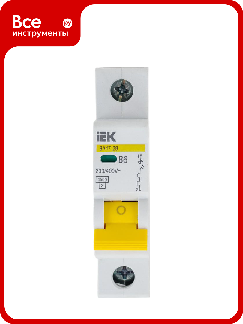 1‑полюсный автоматический выключатель IEK ВА47‑29 6А B 4.5кА MVA20‑1‑006‑B тип DIN‑рейка серый корпус IP20 защита