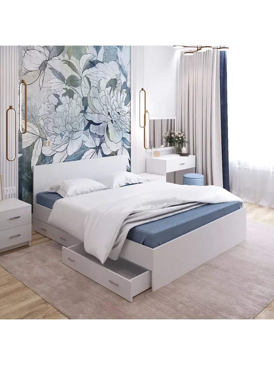 Кровать двуспальная КМК, с изголовьем, ЛДСП, белая, 140x200 см