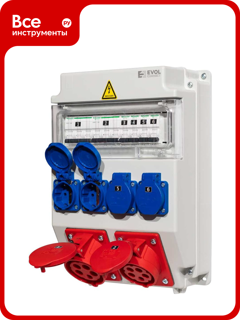 Навесной щит EVOL Combox 11 многорозеточный, защита IP44/IP54, белый/синий/красный корпус, европейская розетка и вилка