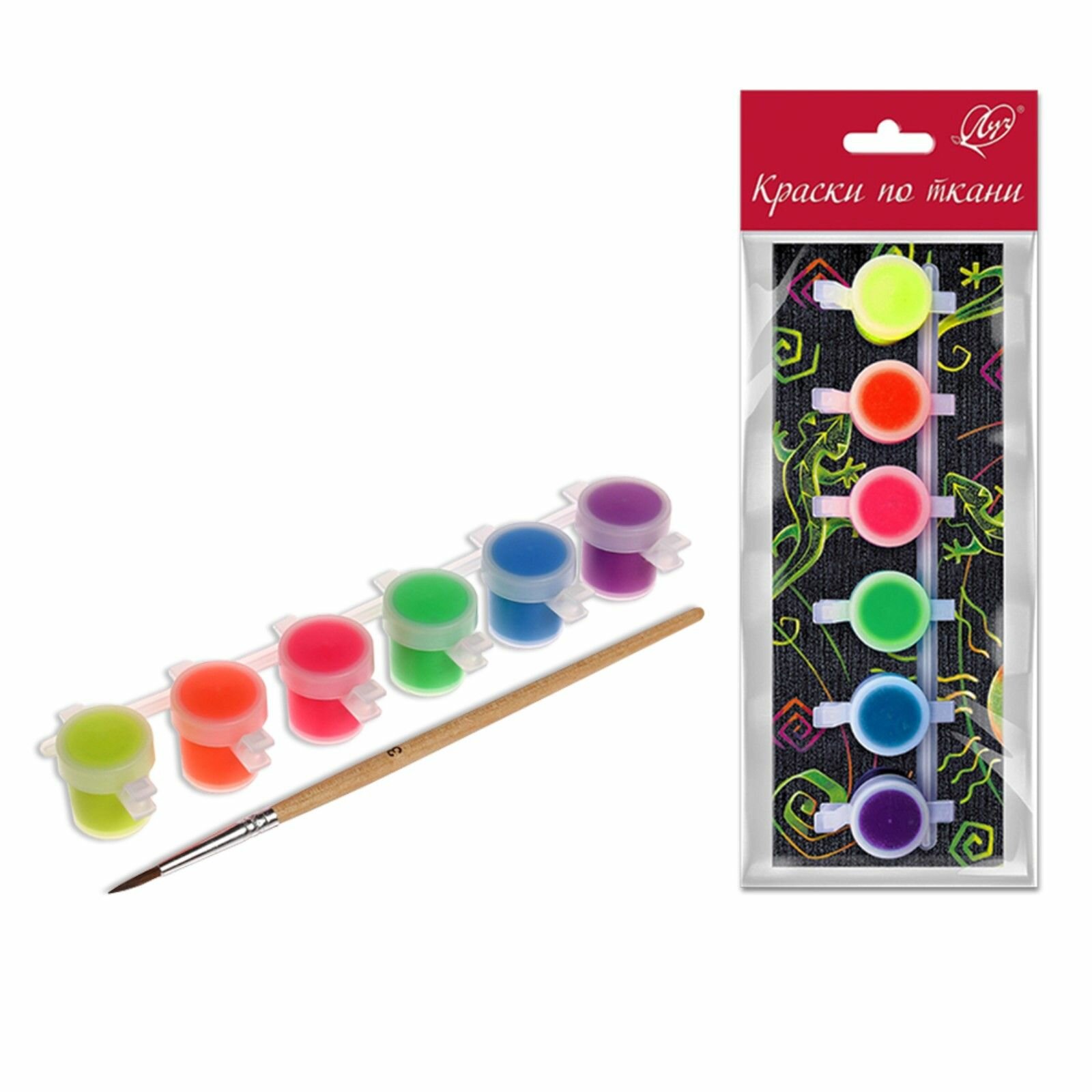 Краска по ткани, набор 6 цветов х 5 мл, флуоресцентная, акриловая на водной основе, с кистью