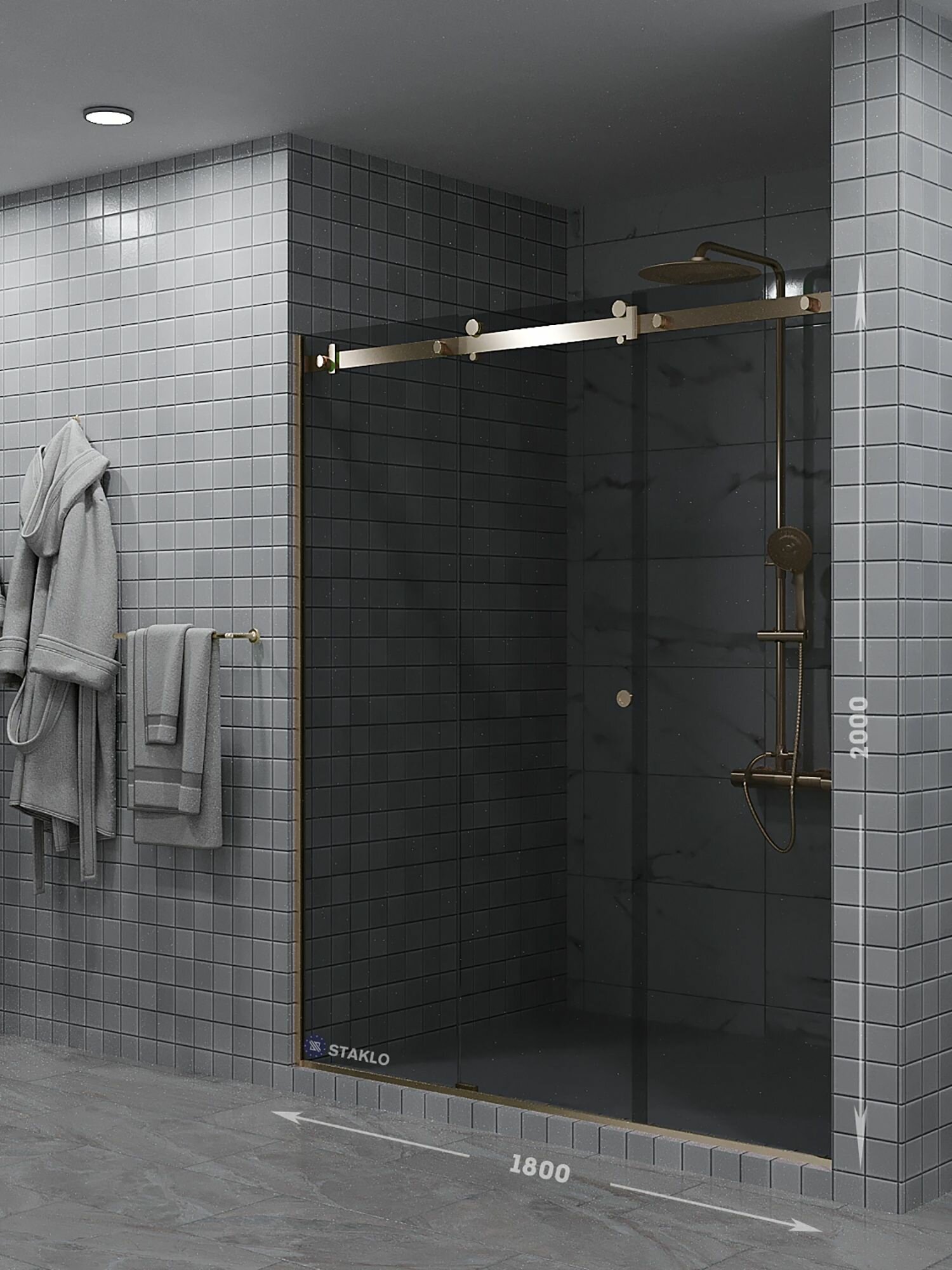 Раздвижная душевая в нишу три стекла staklo 180x200 из серого графит стекла бронза фурнитура