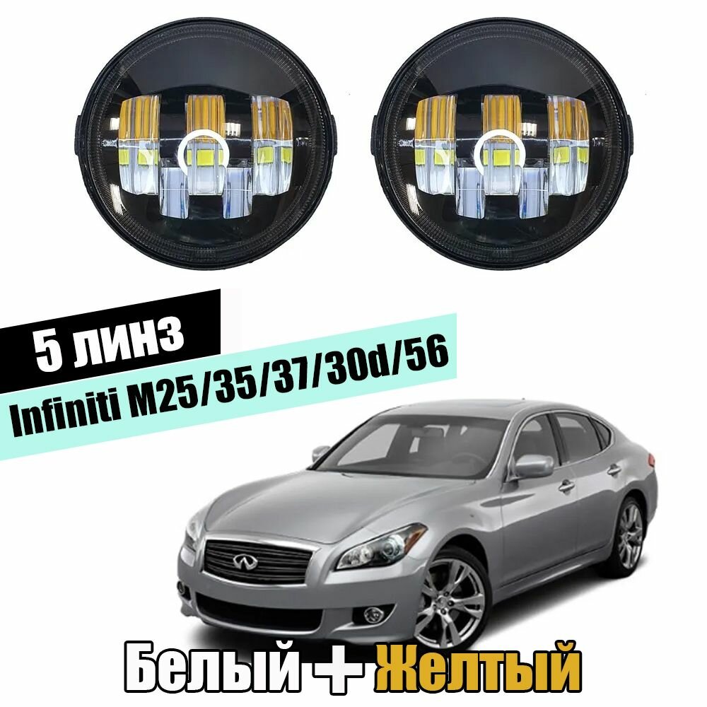 Противотуманные фары led белый+желтый для Infiniti M25/30d/35/37/56 двухрежимные птф