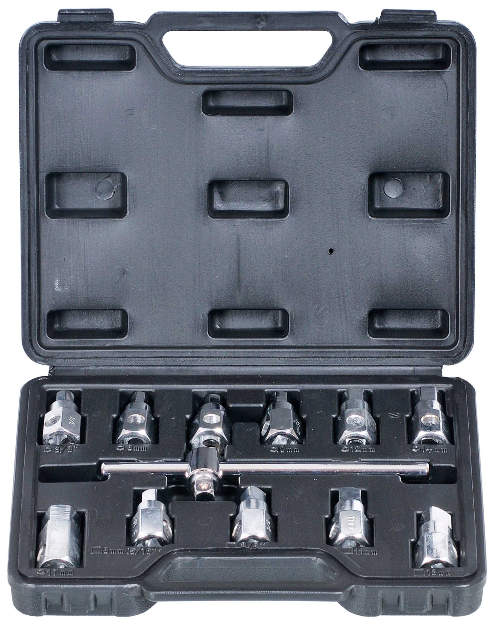 Набор ключей-насадок торцевых универсальных для маслозаливных пробок 12 предметов/6-гр 3/8"DR 8-14мм/4-гр 3/8"DR 8-17мм/Вороток 3/8"DR Привод L150мм