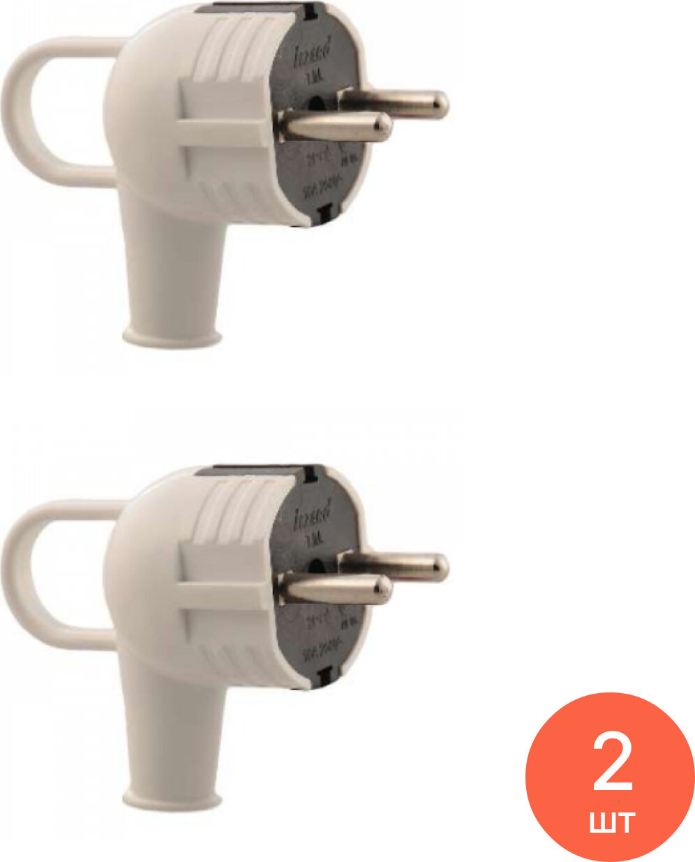 Вилка электрическая Lezard / Лезард угловая с кольцом и заземляющими контактами из АБС-пластика, белая, 220В, 16А / электрика (комплект из 2 шт)